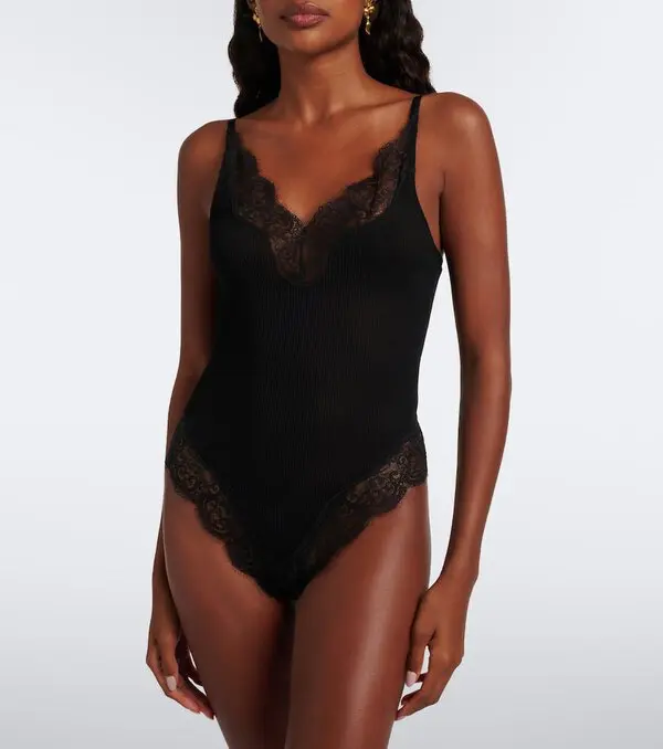 Saint Laurent Lace-trimmed Ribbed-knit Silk Bodysuit