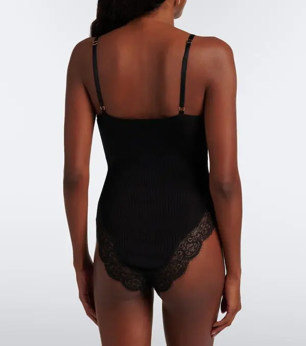 Saint Laurent Lace-trimmed Ribbed-knit Silk Bodysuit