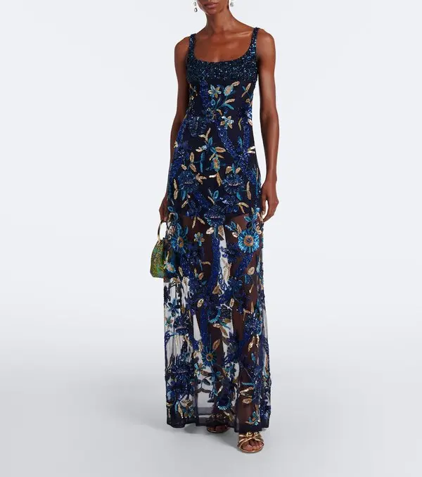 LA FUORI Là Fuori Embellished Floral Mesh Gown