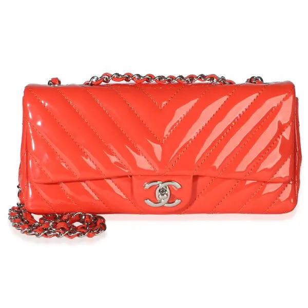 Chanel Chevron Patent East West Single Flap Bag - Orange