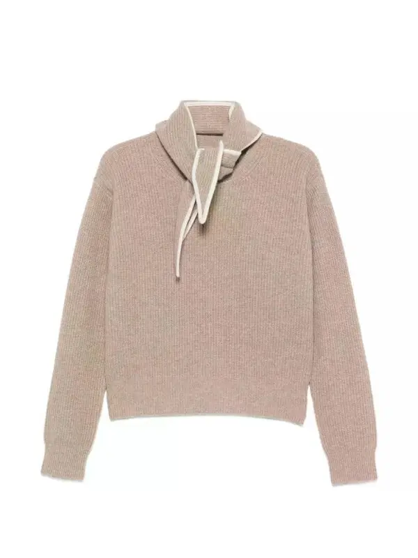 Sandro Ribbed-knit Scarf-detail Wool Sweater - Neutrals