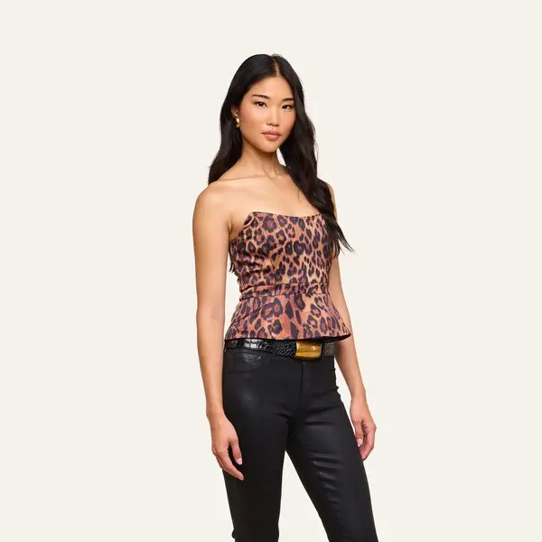 L'Agence Meliora Corset Peplum Top - Tan Multi Javan Leopard