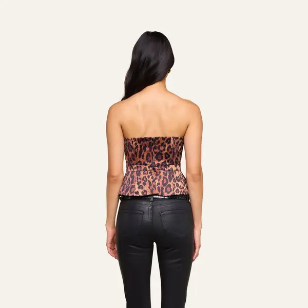 L'Agence Meliora Corset Peplum Top - Tan Multi Javan Leopard