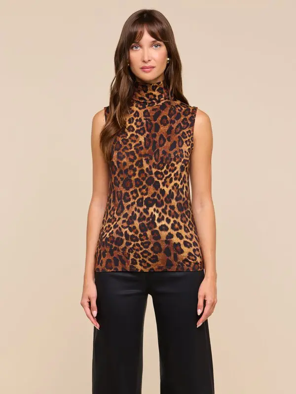 L'Agence Ceci Sleeveless Turtleneck - Tan Multi Javan Leopard