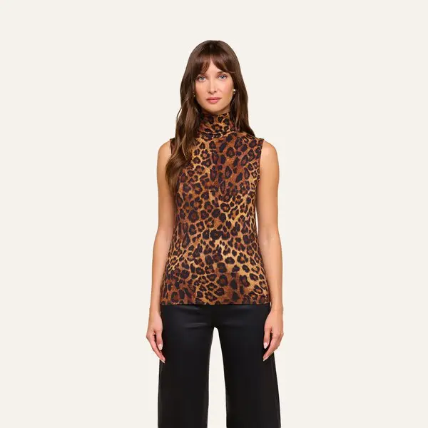 L'Agence Ceci Sleeveless Turtleneck - Tan Multi Javan Leopard