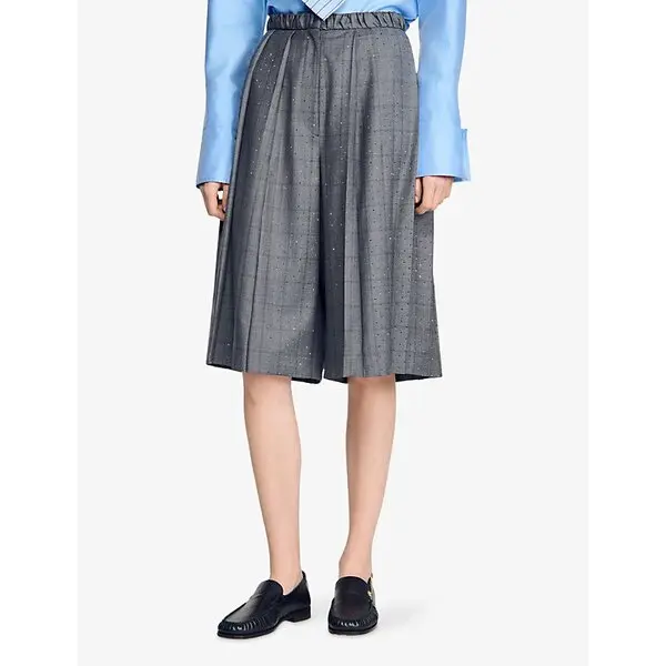 Sandro Checked Wide-leg Wool Shorts