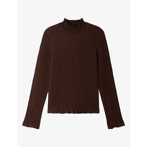 Sandro Smocked Ruffle-collar Stretch-woven T-shirt - Brown