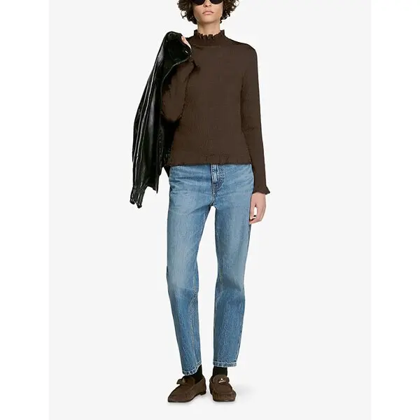 Sandro Smocked Ruffle-collar Stretch-woven T-shirt