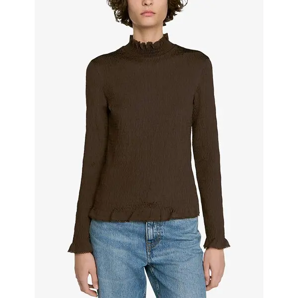 Sandro Smocked Ruffle-collar Stretch-woven T-shirt