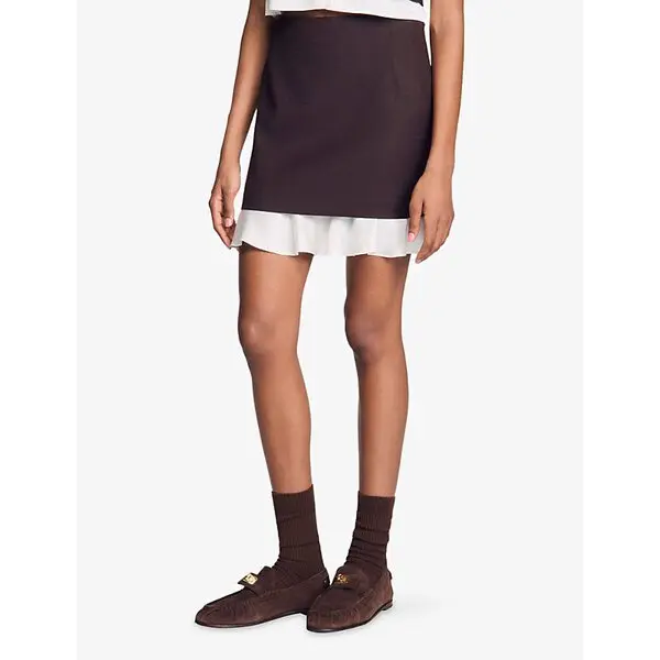Sandro Belted Frill-hem Stretch Wool-blend Mini Skirt