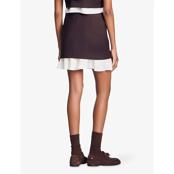 Sandro Belted Frill-hem Stretch Wool-blend Mini Skirt