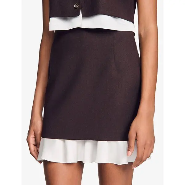 Sandro Belted Frill-hem Stretch Wool-blend Mini Skirt