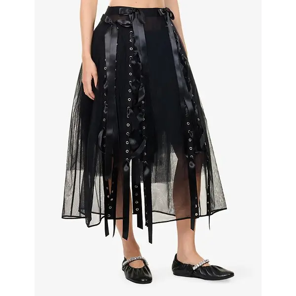 Simone Rocha Unraveling Ribbon Tulle Midi Skirt