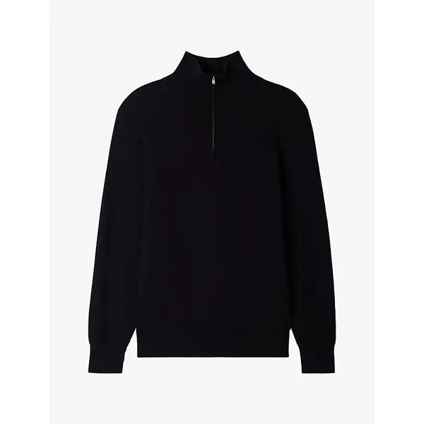 Sandro Boxy Stand-collar Cotton And Wool-blend Jumper - Black