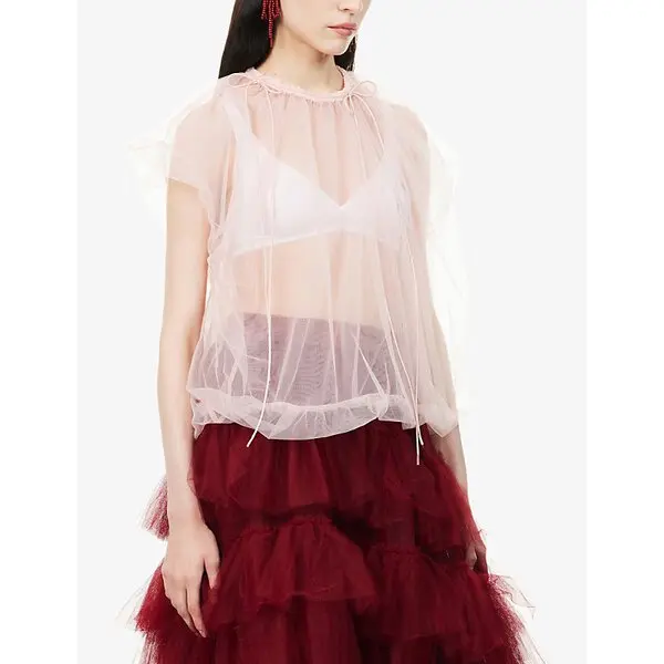 Simone Rocha Gathered Drawstring Sheer Mesh Top