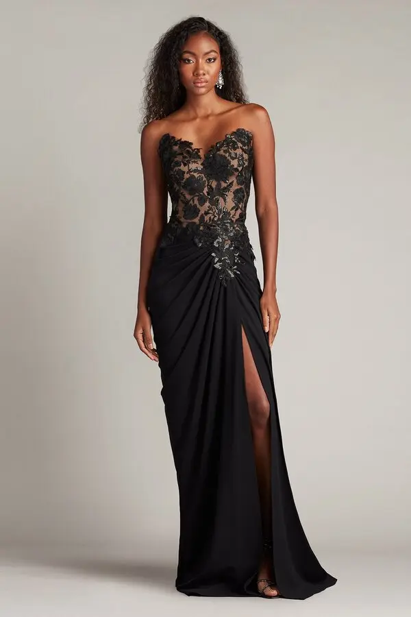 Tadashi Shoji Dresden Draped Sequin Embroidered Gown - Black/nude