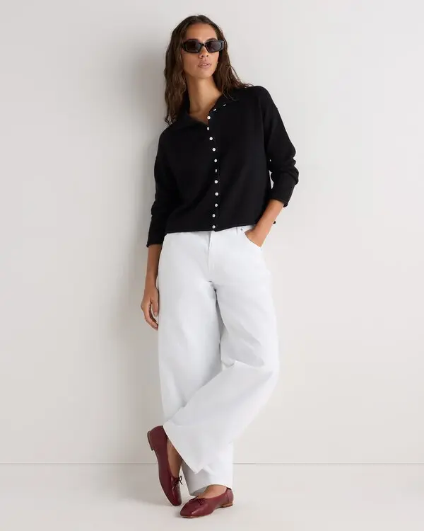Quince Cotton Cashmere Roll Neck Cardigan Sweater - Black