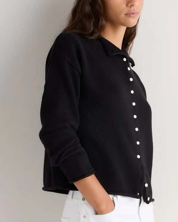 Quince Cotton Cashmere Roll Neck Cardigan Sweater - Black