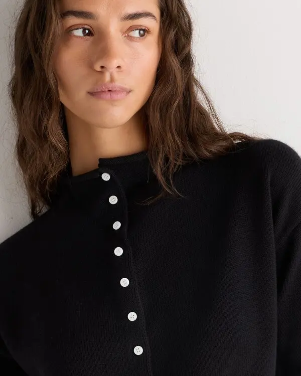 Quince Cotton Cashmere Roll Neck Cardigan Sweater - Black