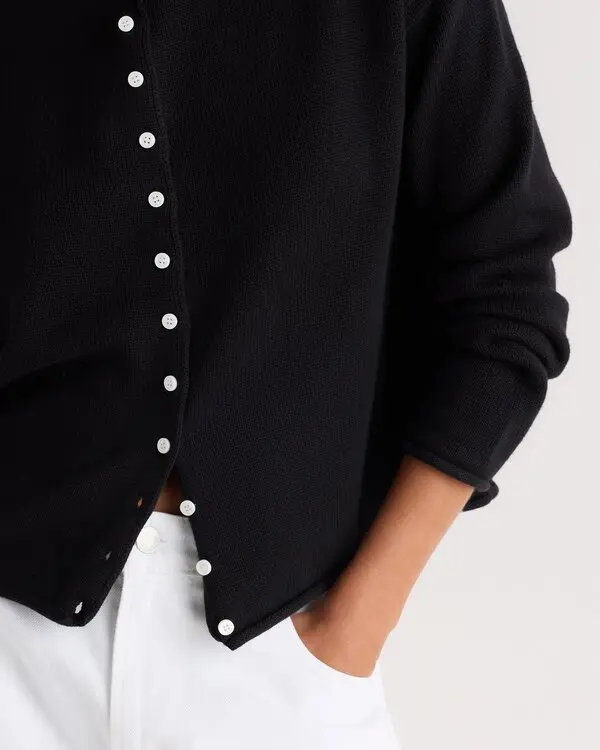 Quince Cotton Cashmere Roll Neck Cardigan Sweater - Black