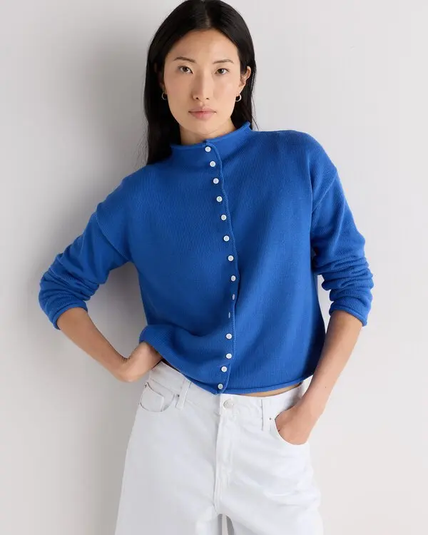 Quince Cotton Cashmere Roll Neck Cardigan Sweater - Sapphire Blue