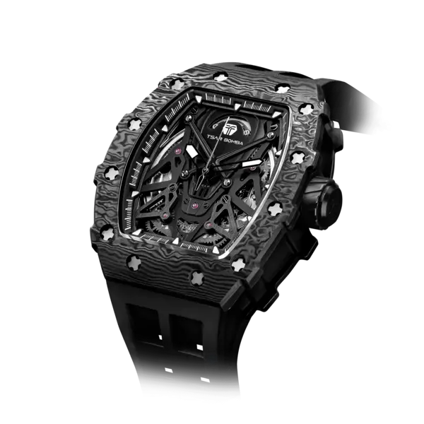 TSAR BOMBA Elementl Tb8207a Men’s Fashion Watch—featuring A Miyota Automatic Mechanical Movement, A Tonneau-shaped Case, And A Carbon Fiber Bezel That Highlights The Aesthetic Of Mechanical Power. The Stainless Steel Case Is Paired With A Silicone Strap, Offering 5atm Water Resistance And A Luminescent Sporty Design That Embodies Youthful Style - Black
