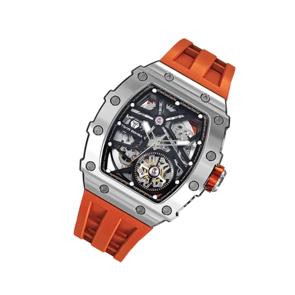 TSAR BOMBA Elemental Tb8209a Men’s Fashion Watch—features A Miyota Automatic Mechanical Movement, A Barrel-shaped Case, And A 316l Stainless Steel Bezel; Eco-friendly High-tech Silicone Strap; 5atm Water Resistance; And A Luminescent Sporty Design That Exudes Youthful Vitality - Silver Orange