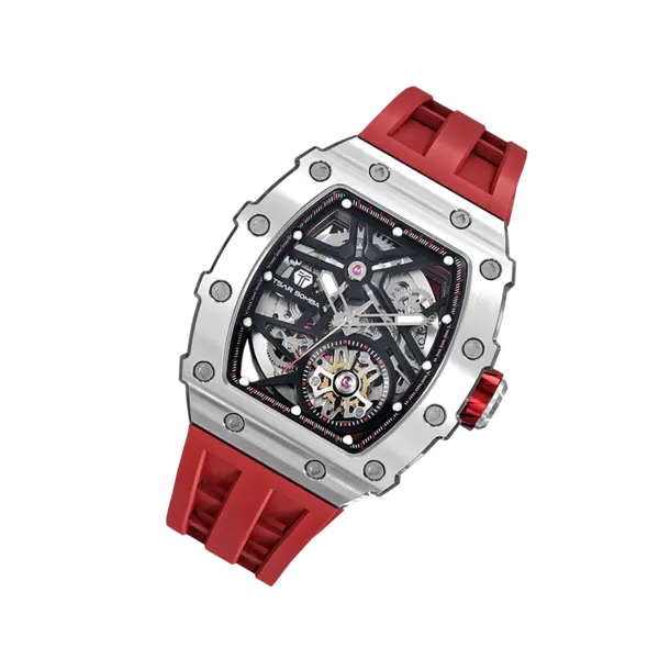 TSAR BOMBA Elemental Tb8209a Men’s Fashion Watch—features A Miyota Automatic Mechanical Movement, A Barrel-shaped Case, And A 316l Stainless Steel Bezel; Eco-friendly High-tech Silicone Strap; 5atm Water Resistance; And A Luminescent Sporty Design That Exudes Youthful Vitality - Silver Red