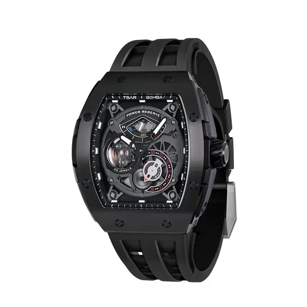TSAR BOMBA Elemental Tb8210cf Men’s Fashion Watch—featuring An Espon Automatic Mechanical Movement, Tonneau-style Case, 316l Stainless Steel Construction, Eco-friendly Fluororubber Interchangeable Strap, 5atm Water Resistance, And A Luminescent Sporty Design That Embodies Youthful Style - Black