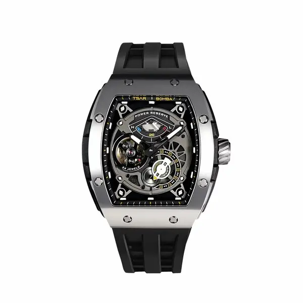 TSAR BOMBA Elemental Tb8210cf Men’s Fashion Watch—featuring An Espon Automatic Mechanical Movement, Tonneau-style Case, 316l Stainless Steel Construction, Eco-friendly Fluororubber Interchangeable Strap, 5atm Water Resistance, And A Luminescent Sporty Design That Embodies Youthful Style - Silver Black