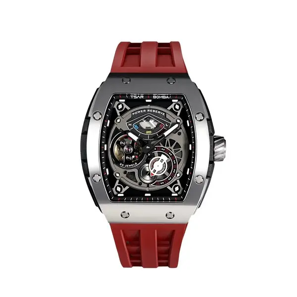 TSAR BOMBA Elemental Tb8210cf Men’s Fashion Watch—featuring An Espon Automatic Mechanical Movement, Tonneau-style Case, 316l Stainless Steel Construction, Eco-friendly Fluororubber Interchangeable Strap, 5atm Water Resistance, And A Luminescent Sporty Design That Embodies Youthful Style - Silver Red