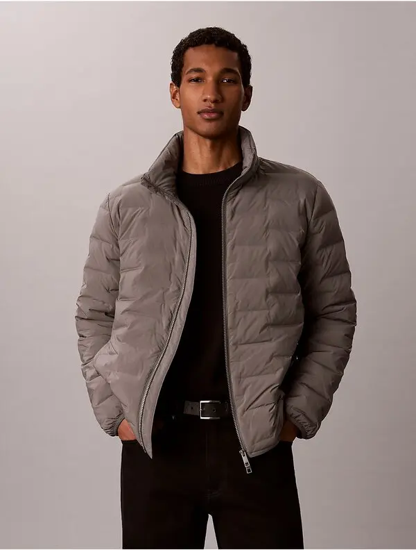 Calvin Klein Quilted Mock Neck Down Puffer Jacket - Pewter
