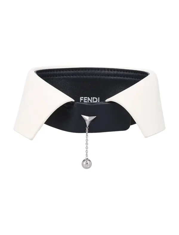 Fendi Leather Choker Necklace With Chain Pendant - Bianco