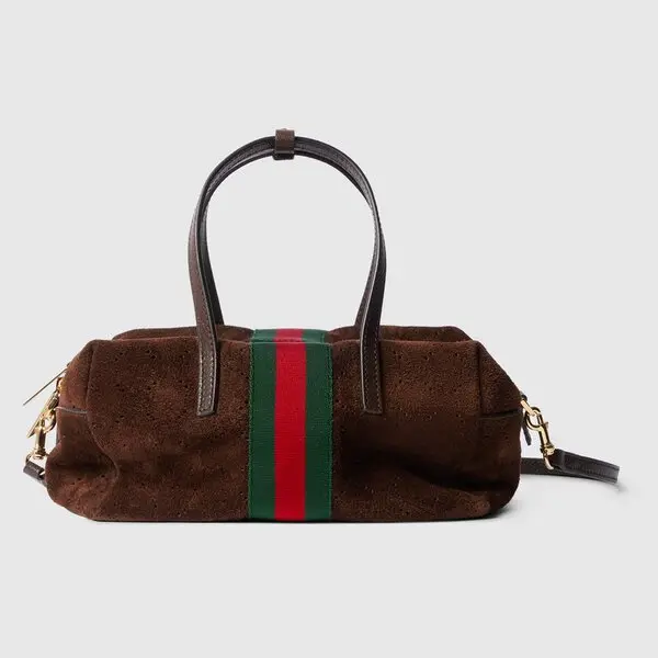 Gucci Small Boston Bag With Web Suede - Brown