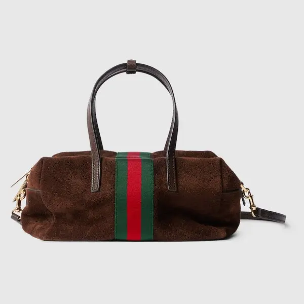 Gucci Small Boston Bag With Web Suede - Brown