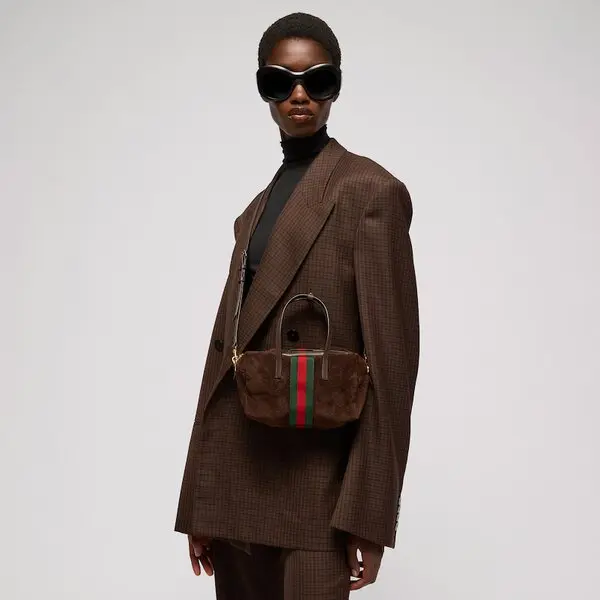 Gucci Small Boston Bag With Web Suede - Brown