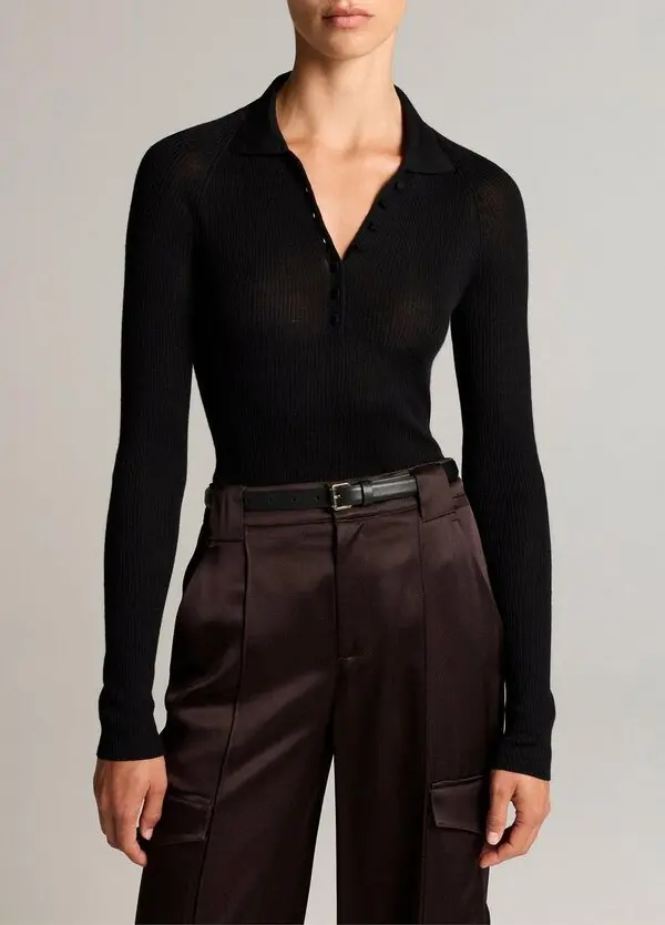 Vince Ribbed Italian Wool-silk Polo Sweater - Black