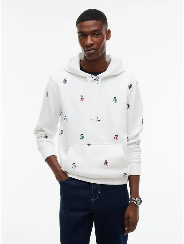 Tommy Hilfiger Allover Embroidered Crest Hoodie - Ecru