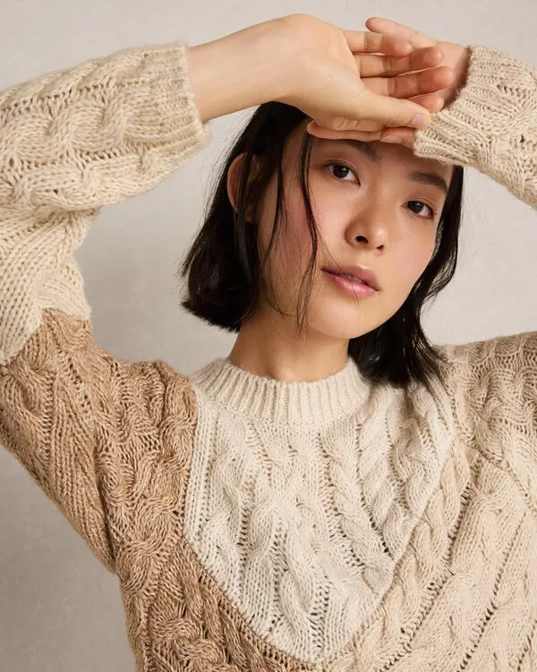 HAVEN WELL WITHIN Cotton Blend Patchwork Cableknit Sweater