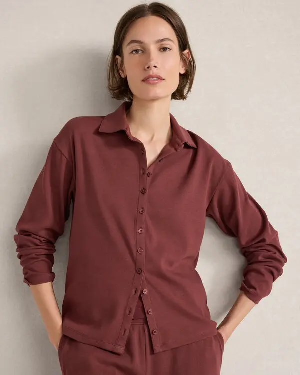HAVEN WELL WITHIN Organic Cotton Rib Knit Front Button Shirt - Garnet