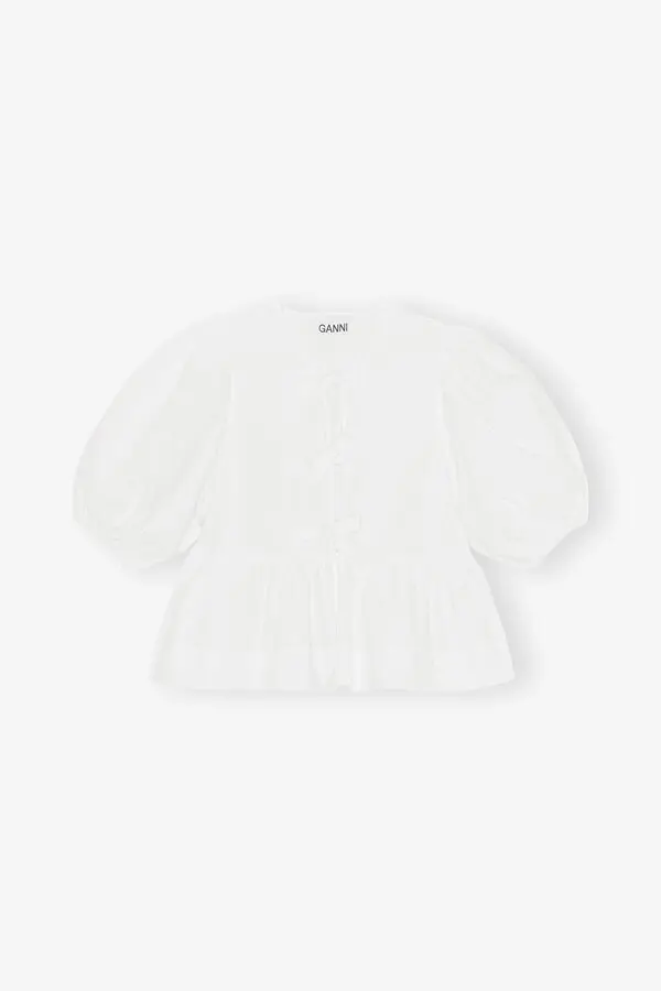 GANNI Cotton Poplin Peplum Tie Blouse - White