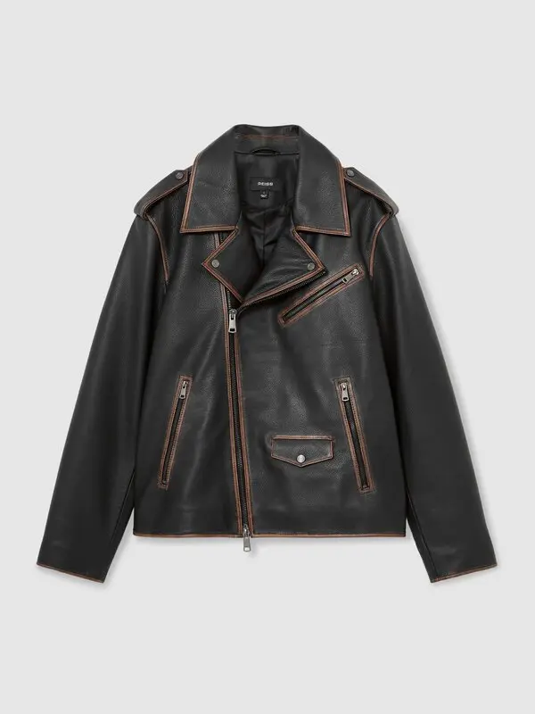 REISS Winnen Leather Burnished-detail Biker Jacket