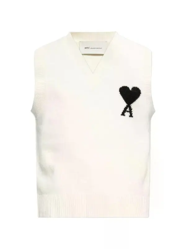 AMI Paris White Sleeveless Wool Sweater With De Coeur
