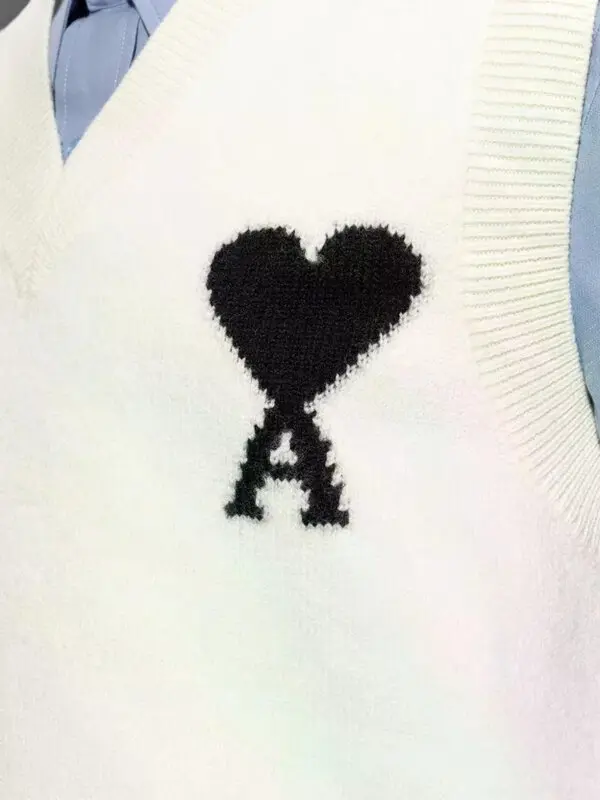 AMI Paris White Sleeveless Wool Sweater With De Coeur