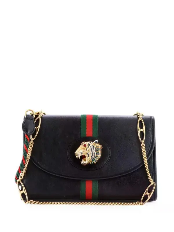 Gucci Rajah Web Chain Shoulder Bag Leather Small Crossbody Bag - Black