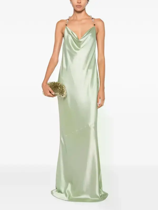 Retrofete Beaded Halterneck Satin Maxi Dress - Green