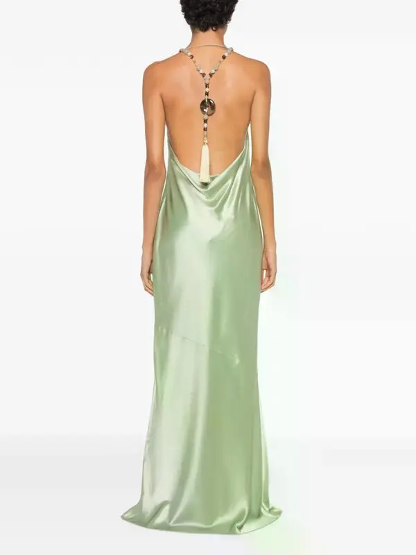 Retrofete Beaded Halterneck Satin Maxi Dress - Green