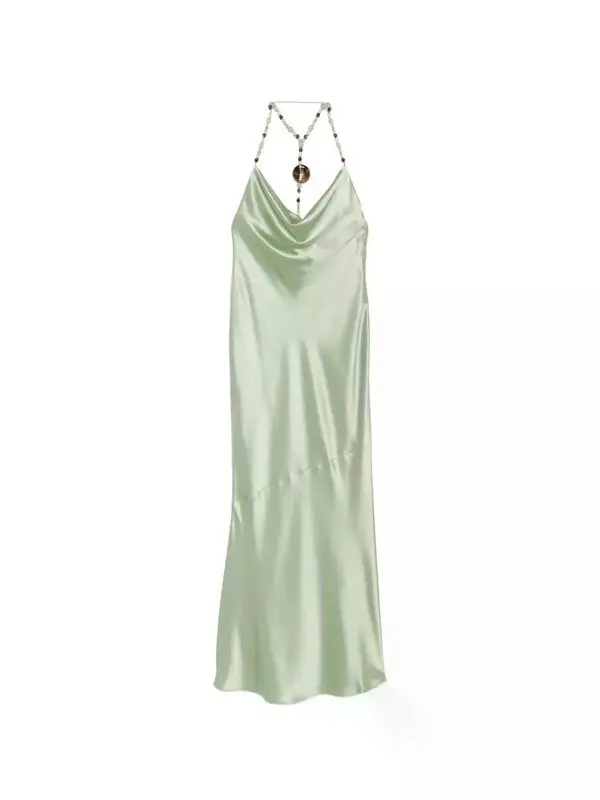 Retrofete Beaded Halterneck Satin Maxi Dress - Green