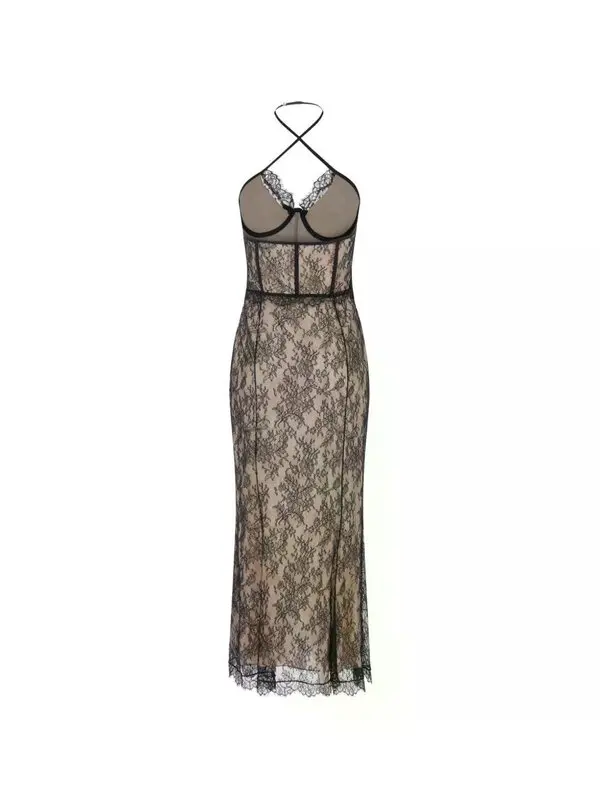 Alessandra Rich Maxi Chantilly Lace-overlay Halterneck Dress - Black