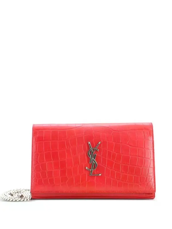 Saint Laurent Classic Monogram Wallet On Chain Crocodile Embossed Leather Small Cross Body Bag - Red